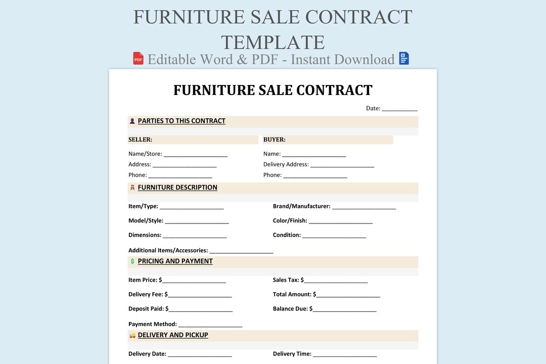 Printable Furniture Sale Contract Template - Etsy