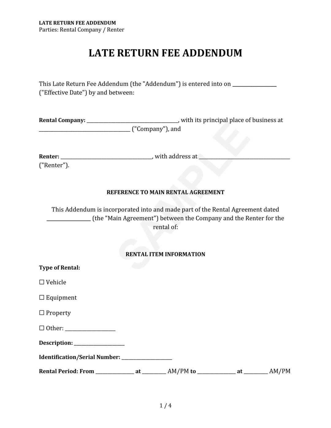 Late Return Fee Addendum-template - Etsy
