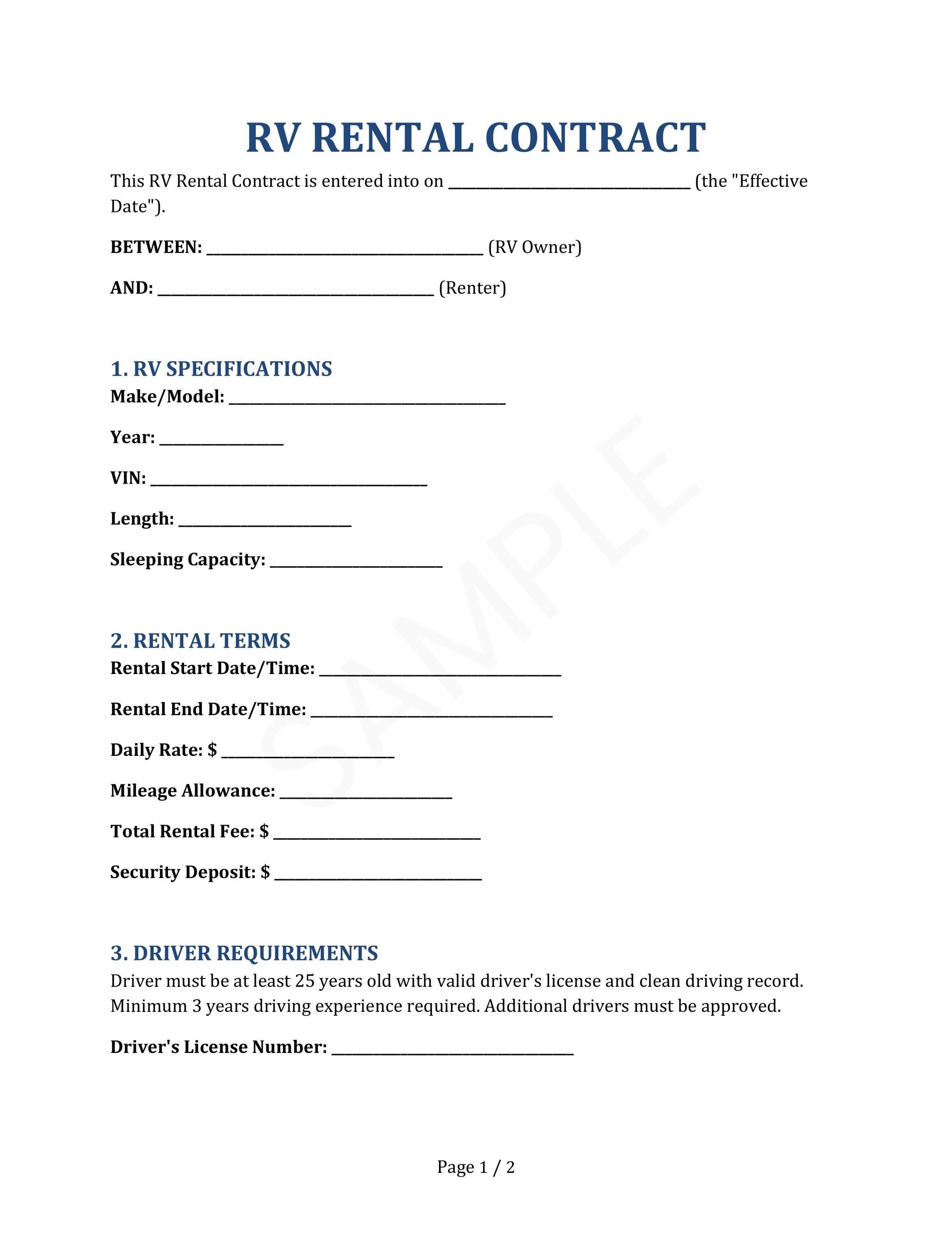 Simple RV Rental Contract Template. Printable Camper Rental Agreement ...