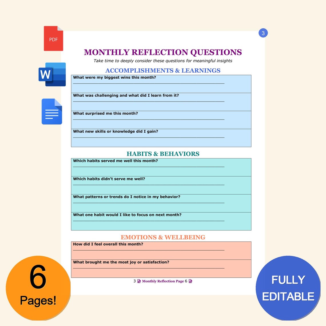 Monthly Review Planner Template | Editable in MS Word & PDF | Planner ...