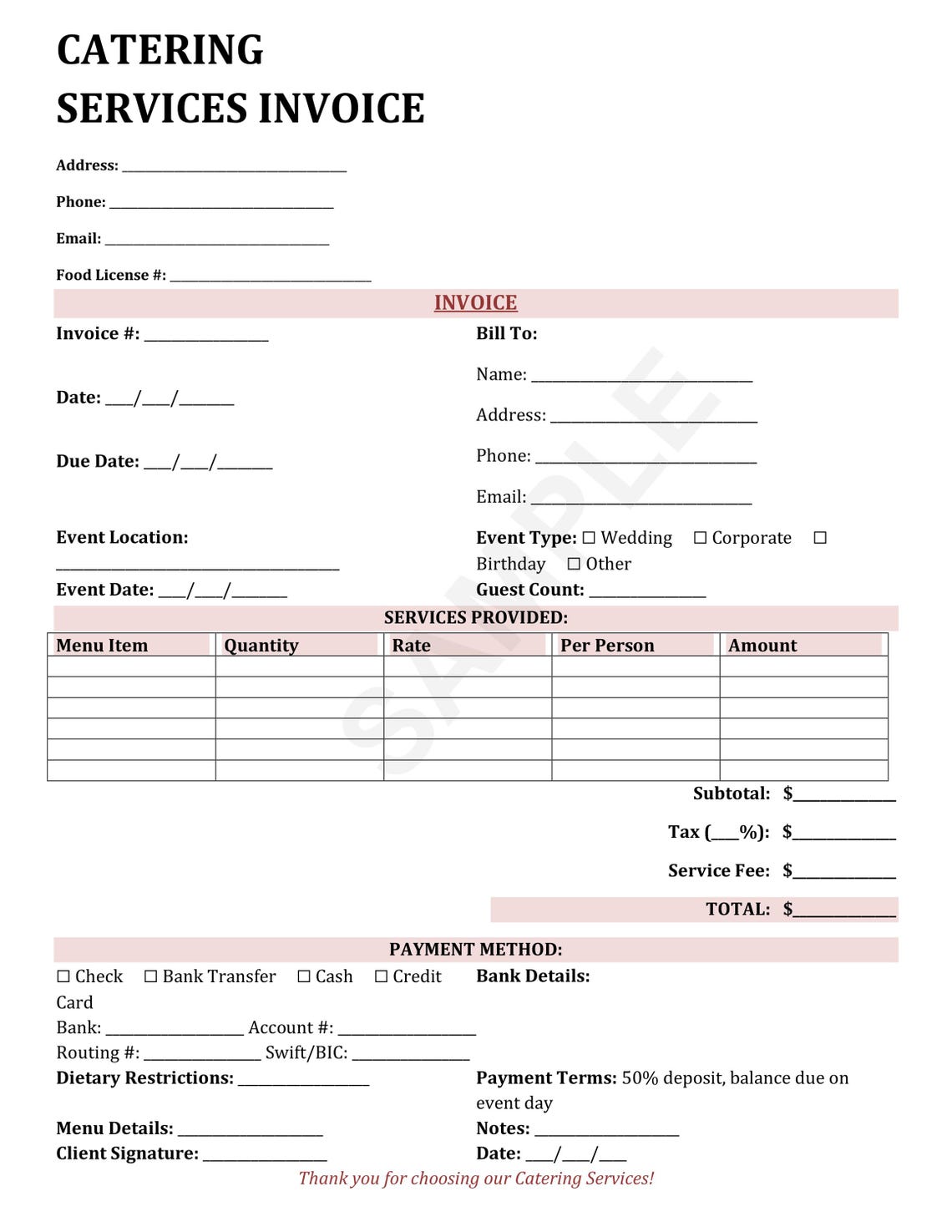 Catering Invoice Template | Editable in Word - Etsy
