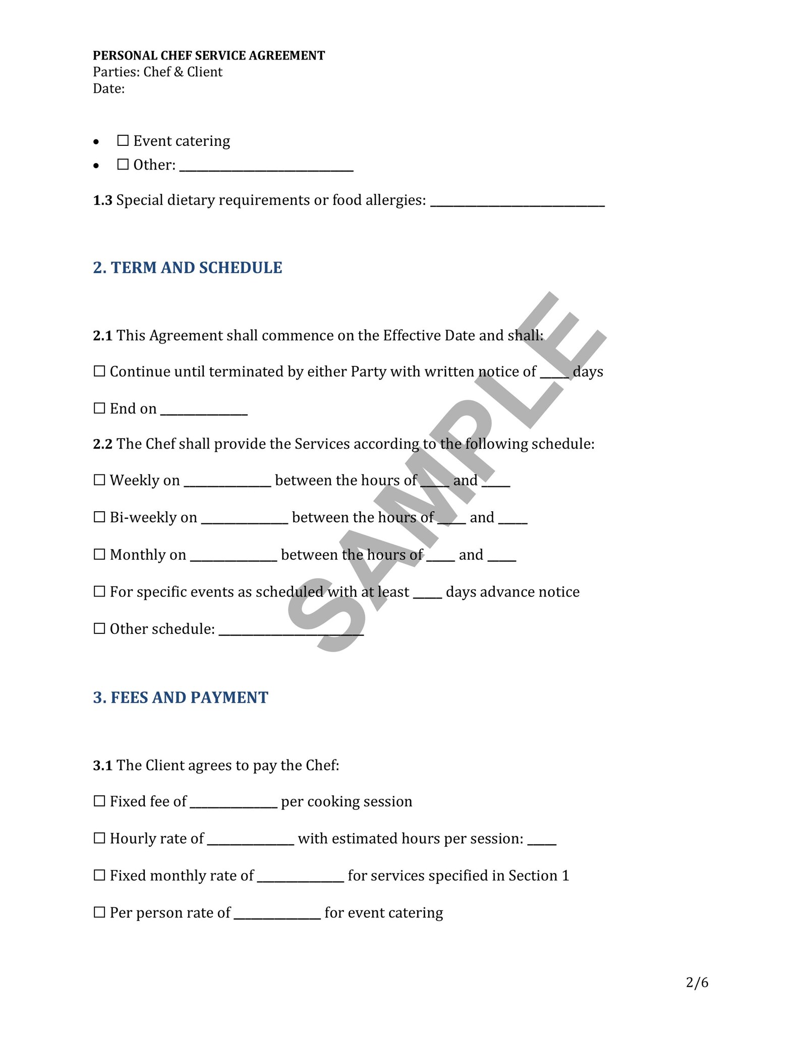 Personal Chef Contract | Editable Word & PDF | Meal Prep Service ...