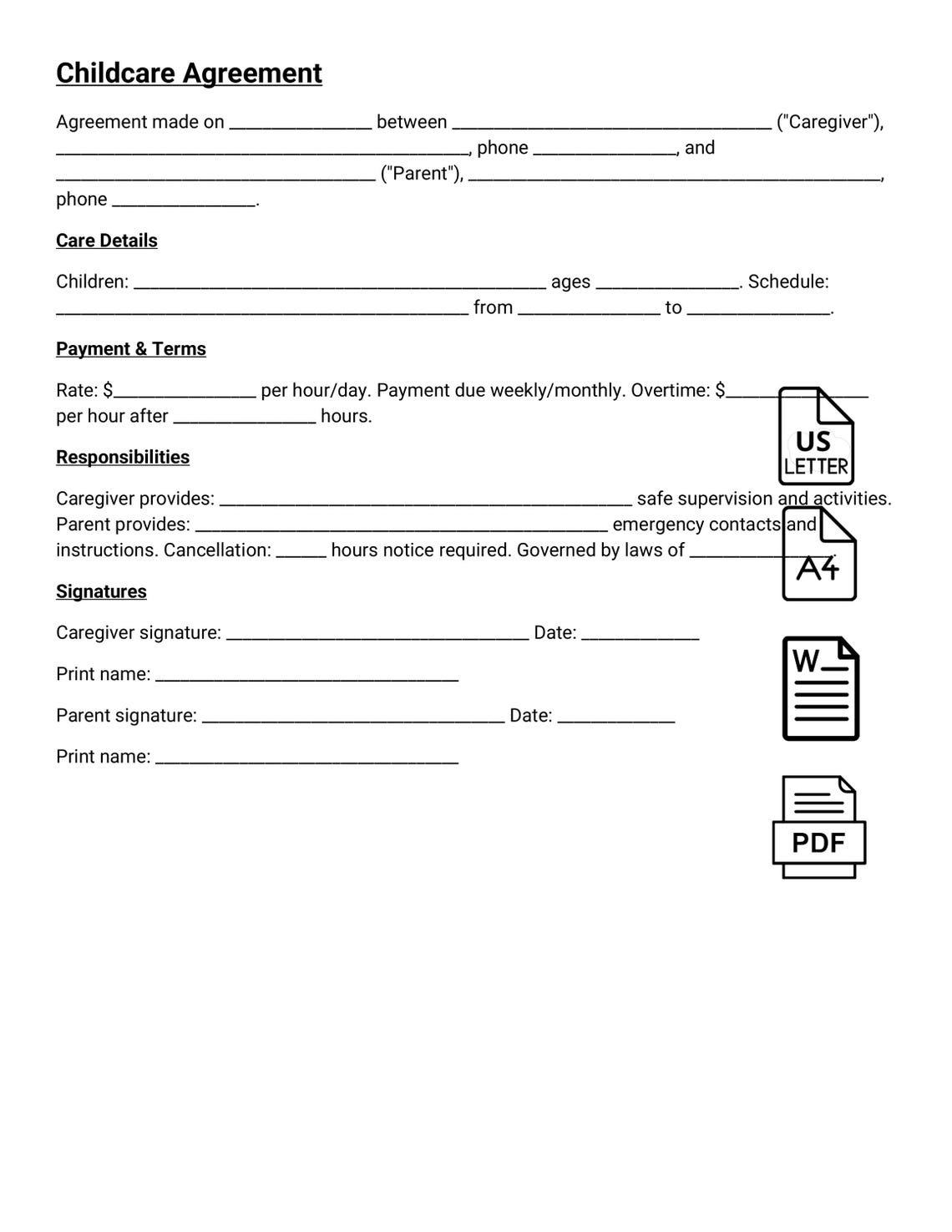 Simple One Page Childcare Agreement Template, Babysitting Contract ...