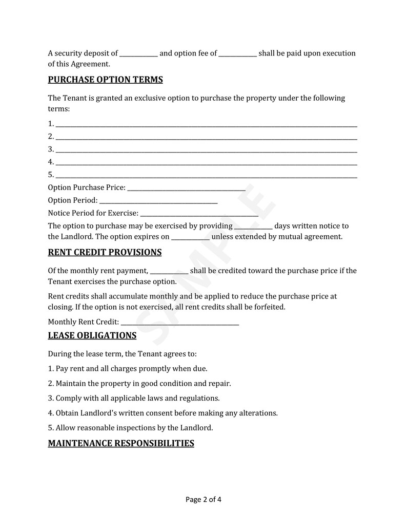 Lease With Option to Purchase Template. Editable Rent-to-own Contract ...