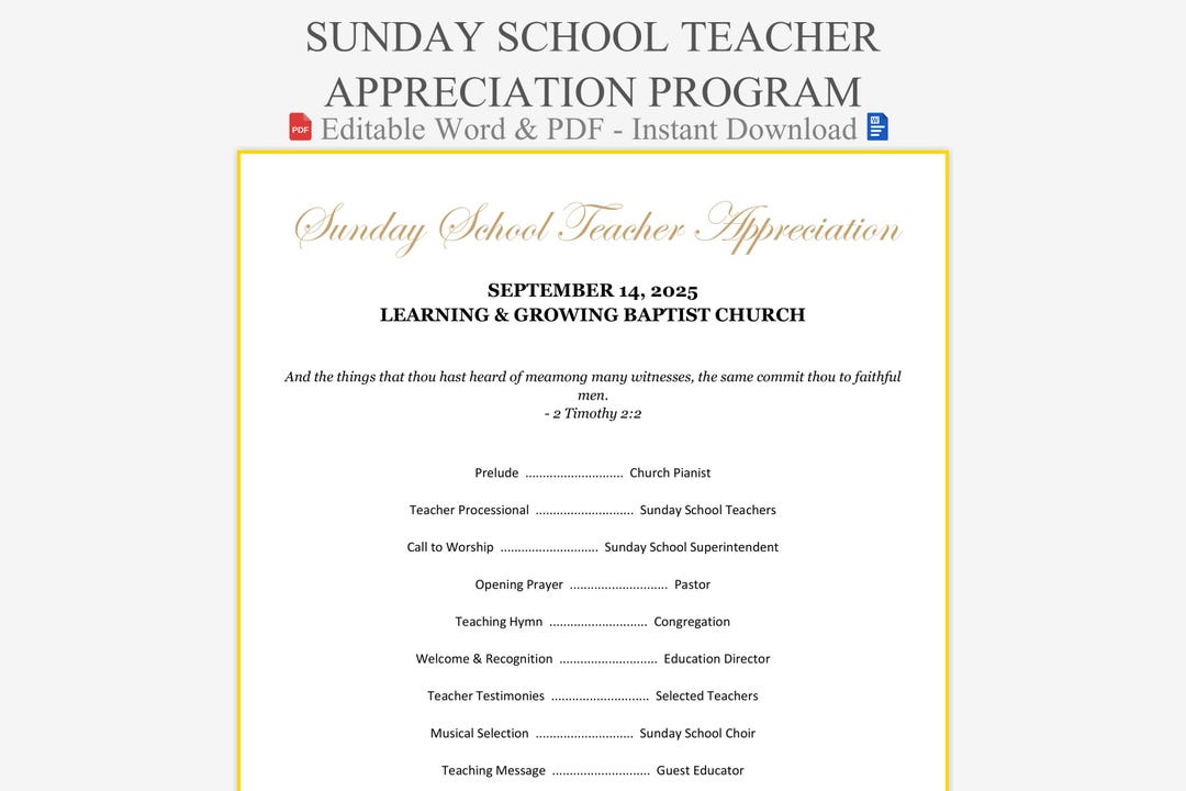 Sunday School Teacher Appreciation Program Template - Educator Honor ...