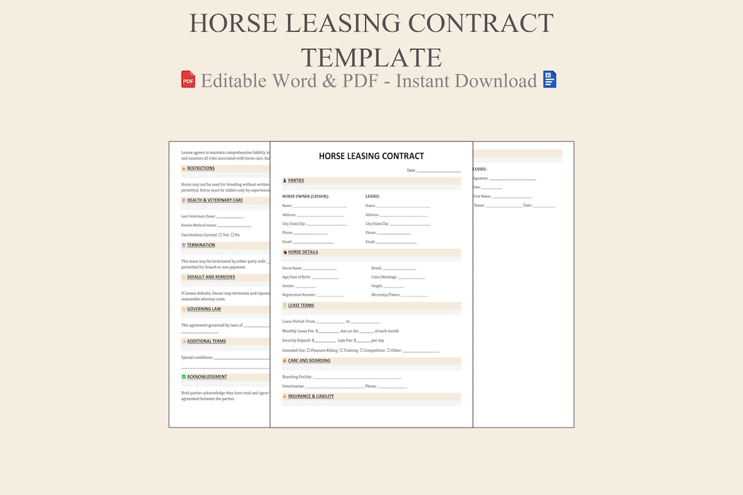 Horse Leasing Contract Template Word PDF - Etsy
