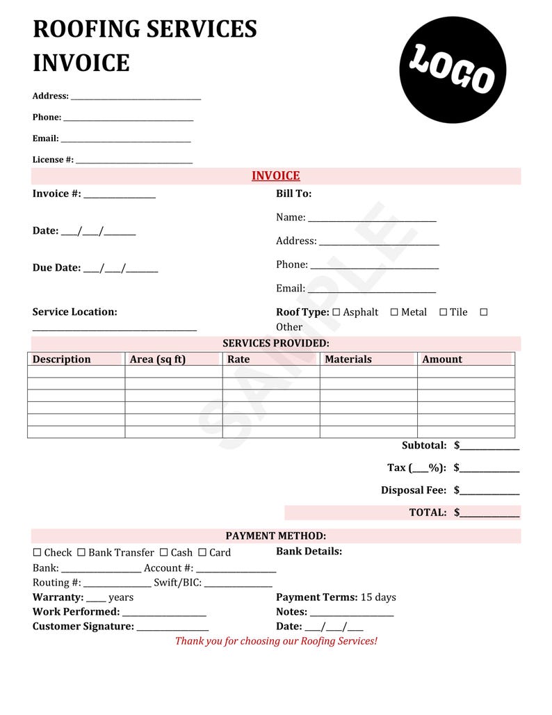 Roofing Services Invoice Template Receipt Custom Logo | Editable in ...