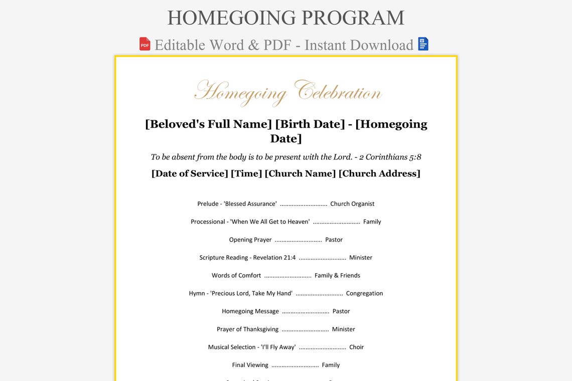 Church Homegoing Program Template - Word & PDF Download - Etsy