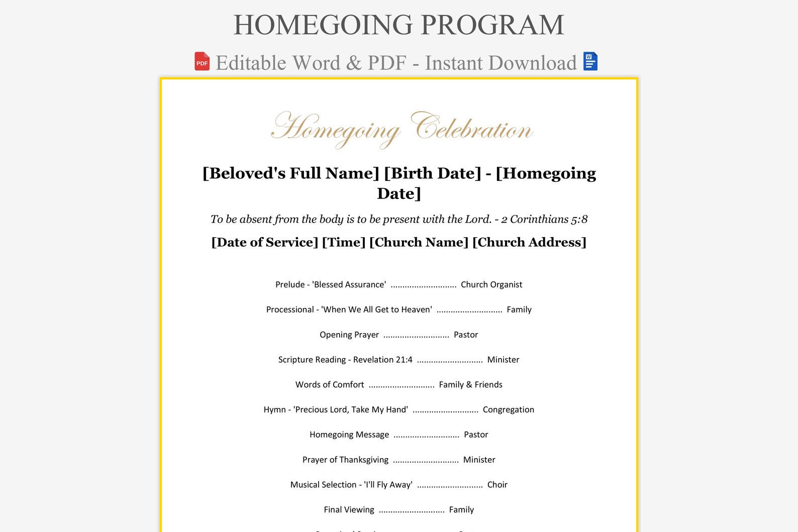 Church Homegoing Program Template - Word & PDF Download - Etsy