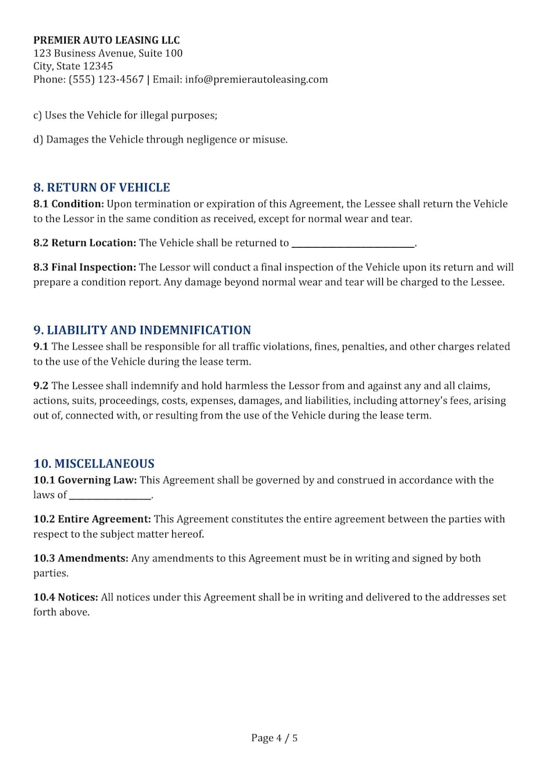 Car Lease Contract Template. Printable Vehicle Agreement. Editable Auto ...