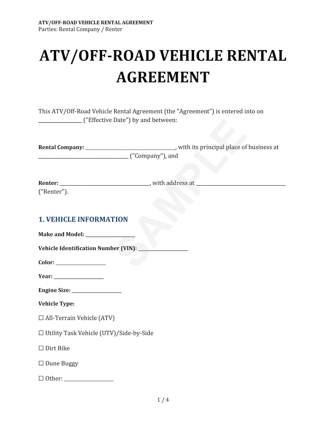 ATV Vehicle Rental Agreement Template - PDF & Word Download - Etsy