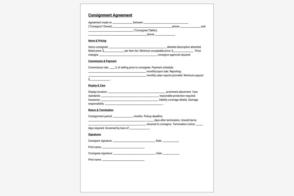 One Page Consignment Agreement Template, Retail Sales Contract, Product ...