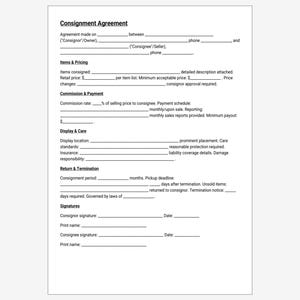 One Page Consignment Agreement Template, Retail Sales Contract, Product ...