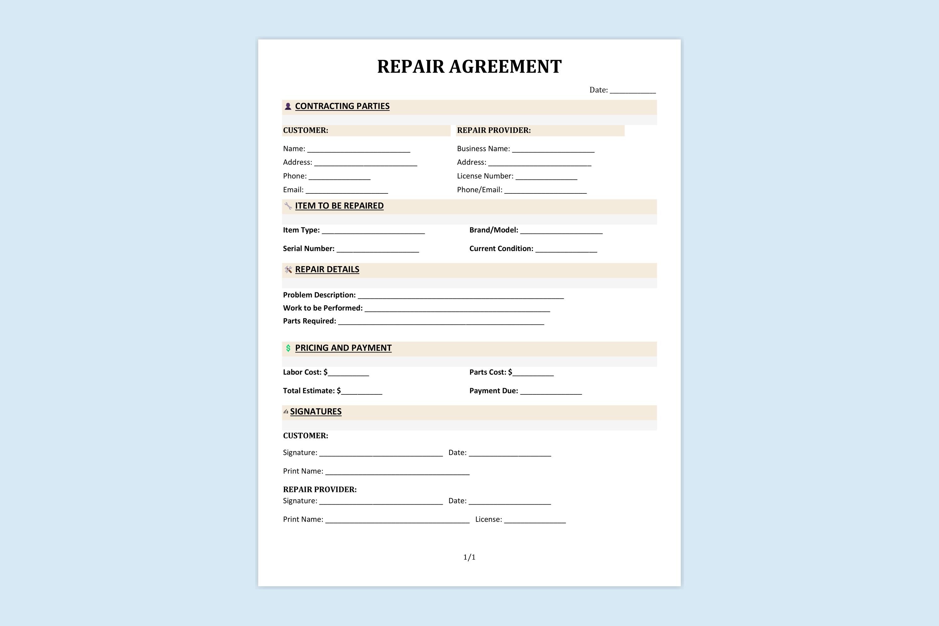 Simple Repair Agreement Template - Etsy
