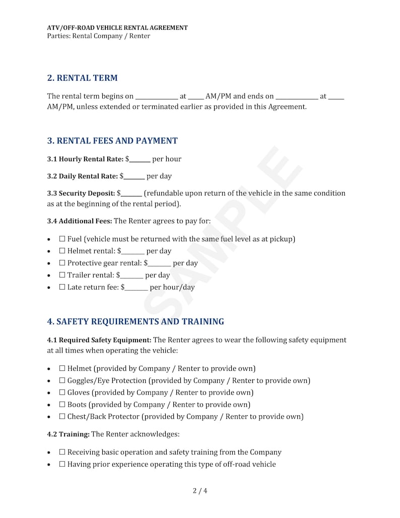 ATV Vehicle Rental Agreement Template - PDF & Word Download - Etsy