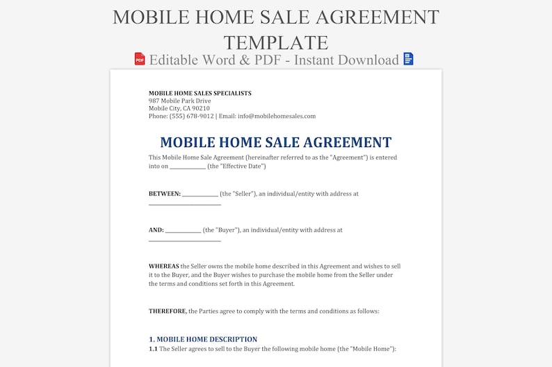 Mobile Home Sale Contract Template. Printable Manufactured Agreement ...