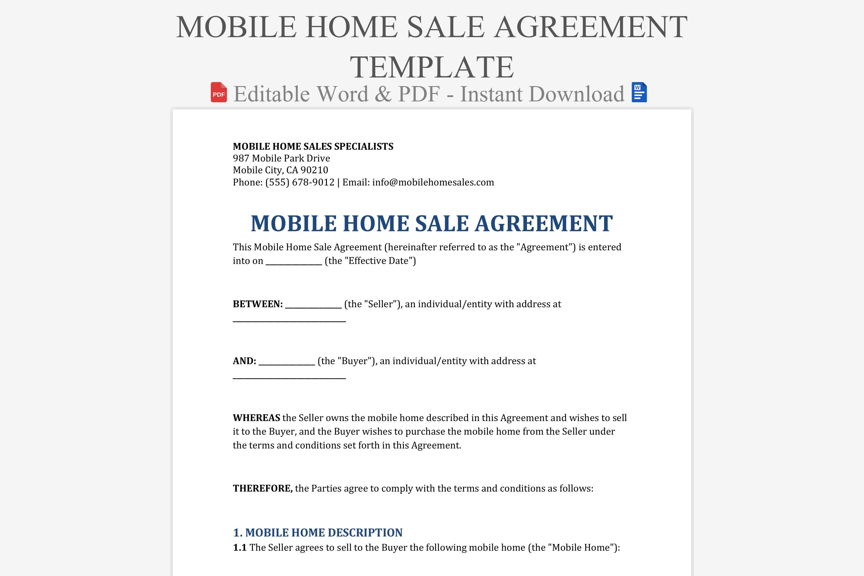 Mobile Home Sale Contract Template. Printable Manufactured Agreement ...