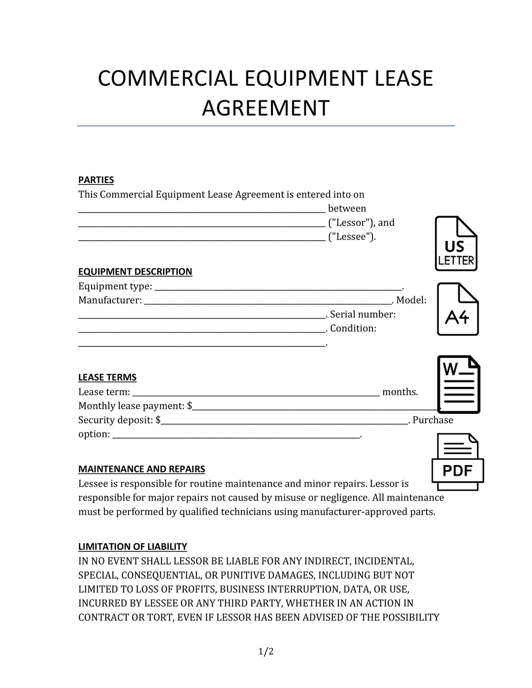 Commercial Equipment Lease Template | Business Rental Contract Sample ...