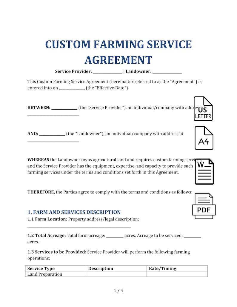 Custom Farming Service Agreement Template Word PDF - Agricultural Work ...