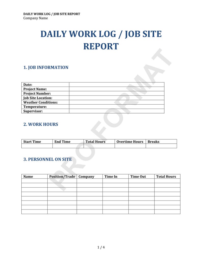 Daily Work Log / Job Site Report Template - Etsy