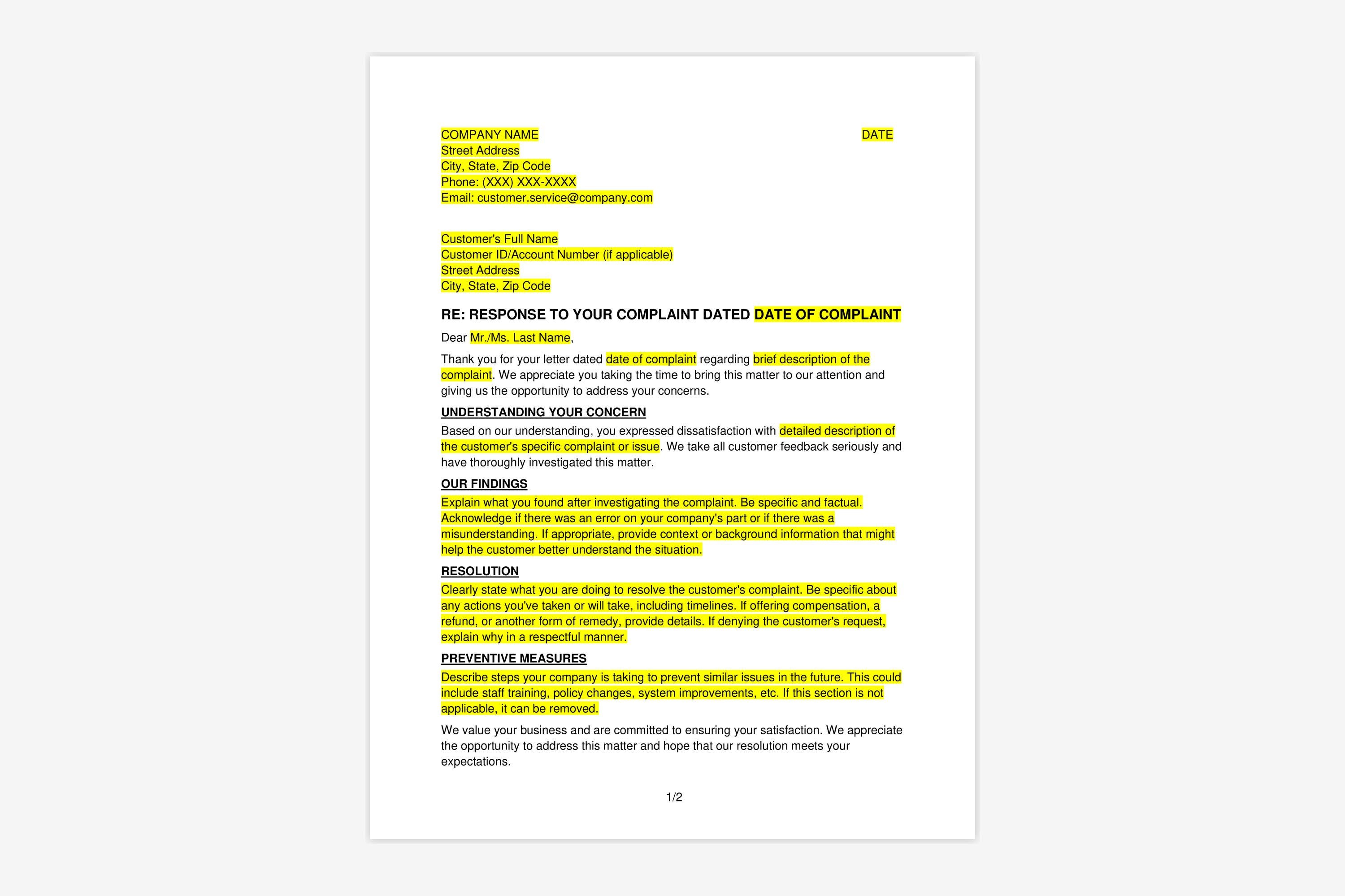 Customer Complaint Response Letter - Service Recovery Template - Word ...