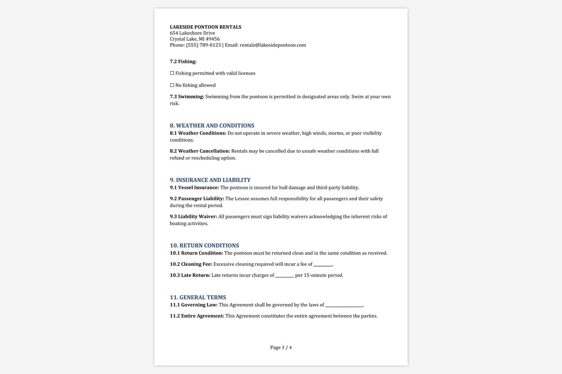 Pontoon Boat Rental Agreement Template. Printable Party Barge Lease ...