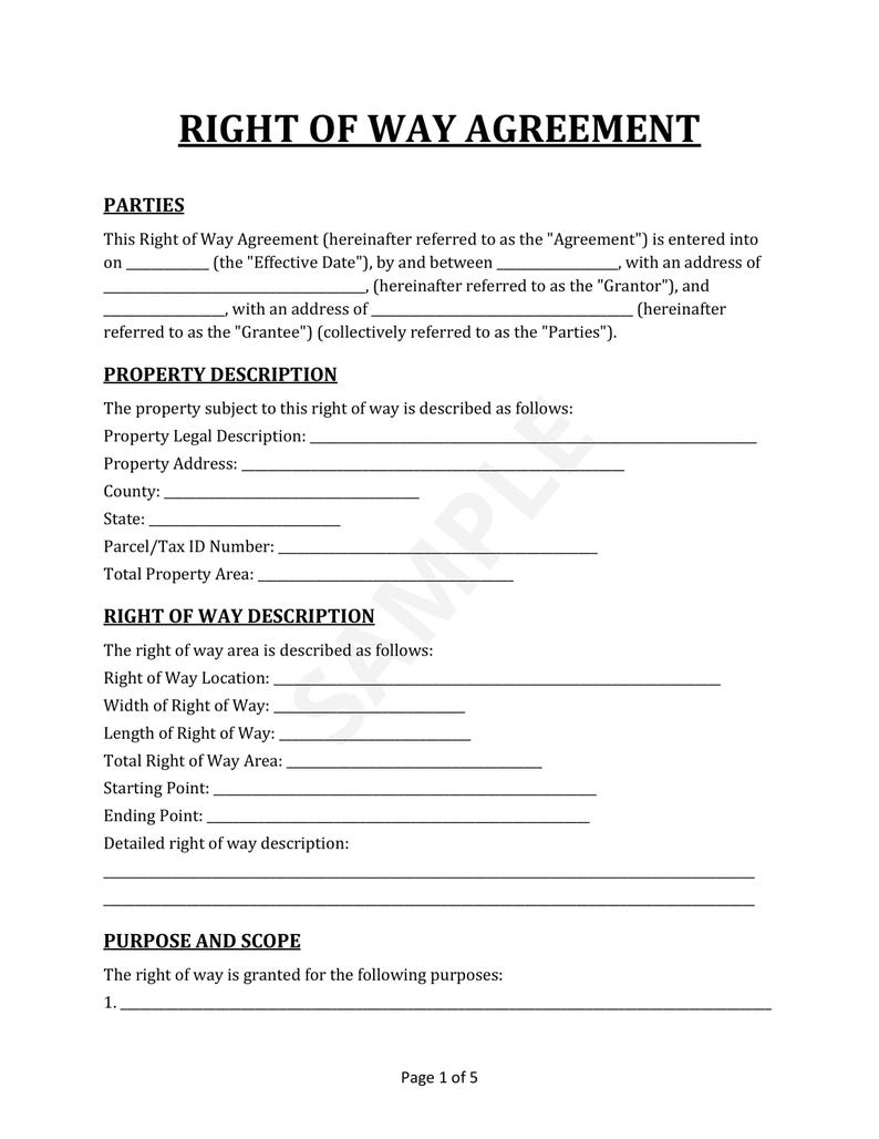 Right of Way Agreement Template. PDF Contract for Land Access. Editable ...