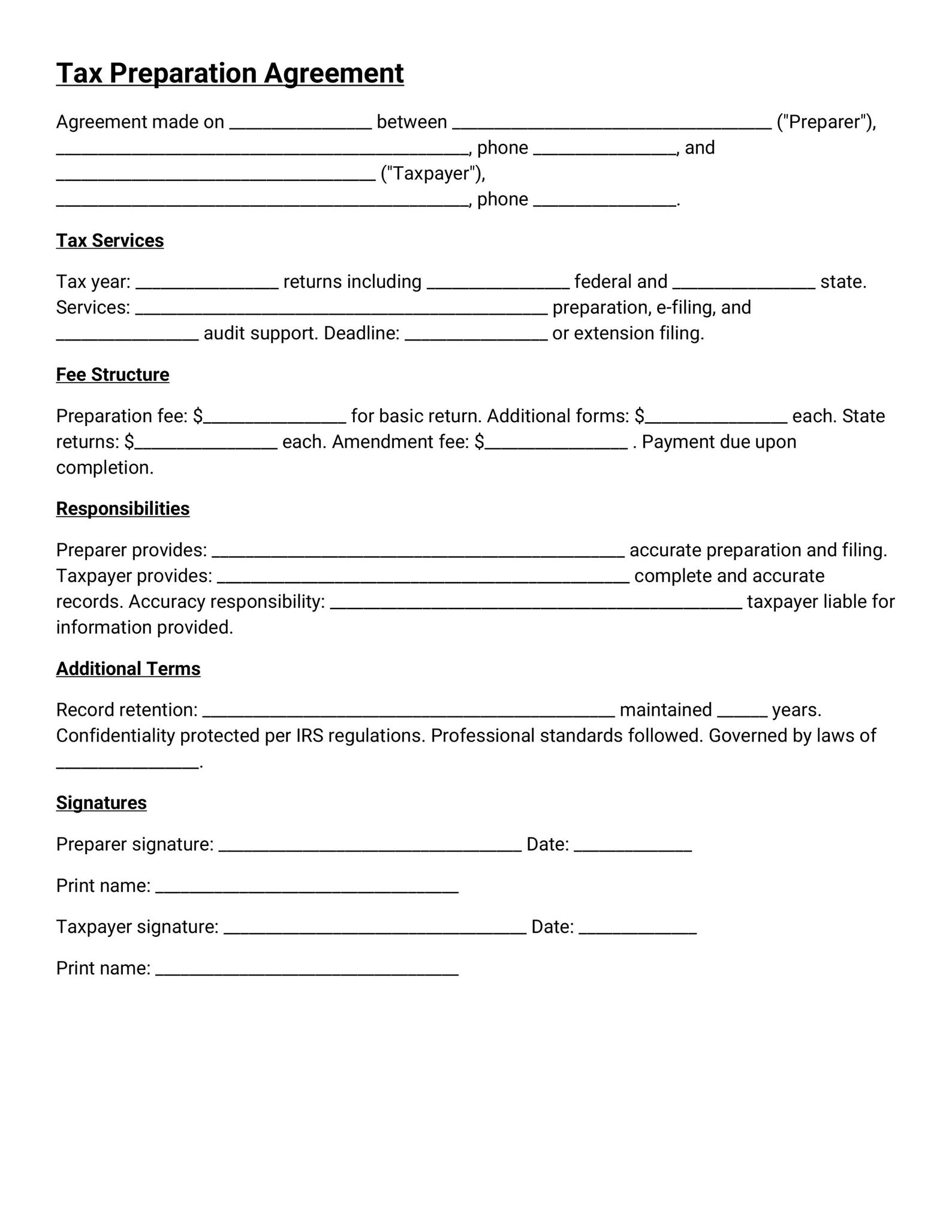 Tax Preparation Agreement Template, Accountant Service Contract, Tax ...