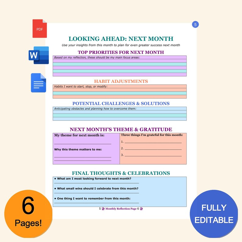 Monthly Review Planner Template | Editable in MS Word & PDF | Planner ...