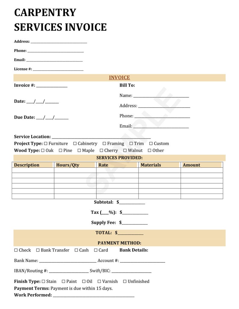 Carpentry Services Invoice Template Custom Logo | Editable in Word and Printable PDF ...