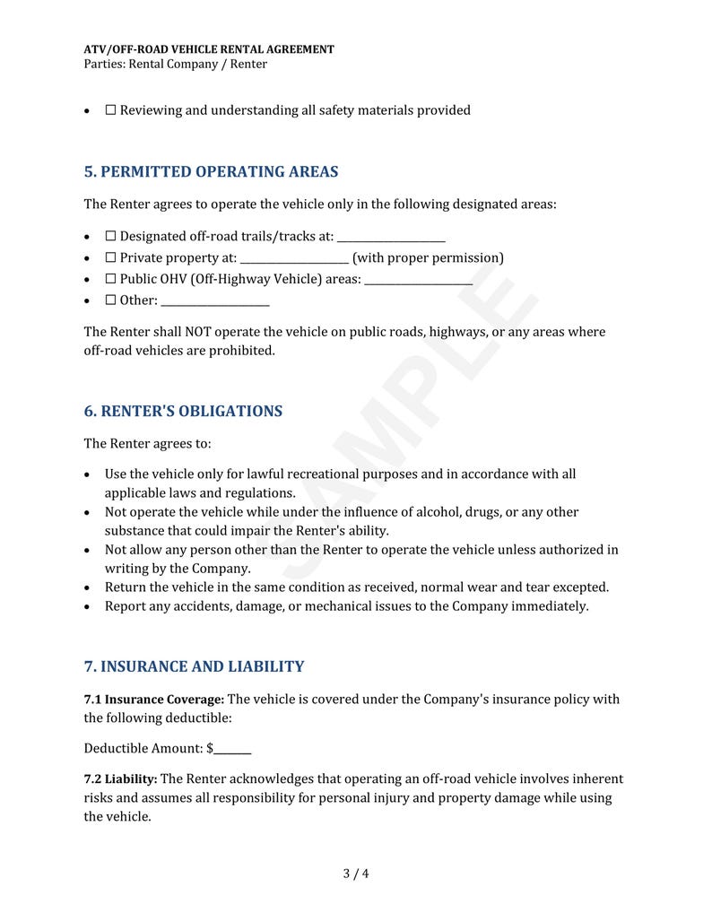 ATV Vehicle Rental Agreement Template - PDF & Word Download - Etsy