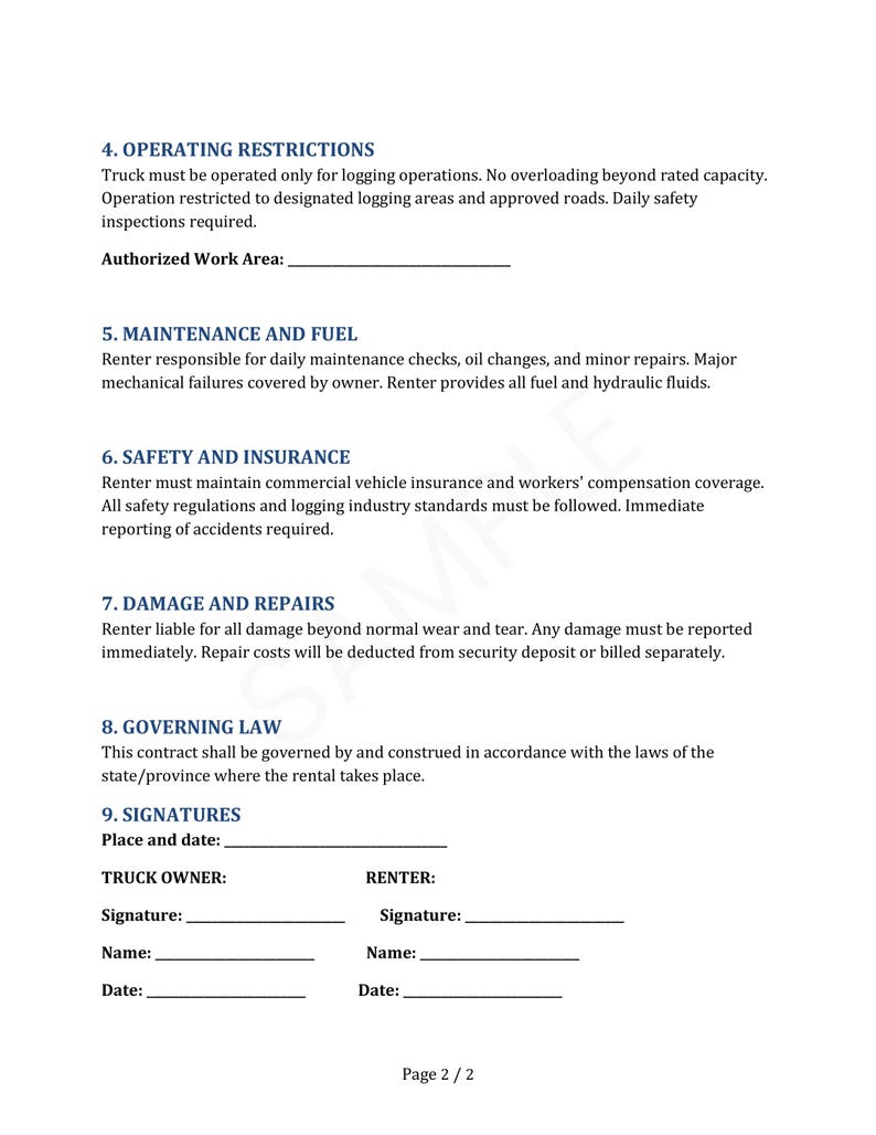 Logging Truck Rental Contract Template. Printable Timber Haul Agreement ...