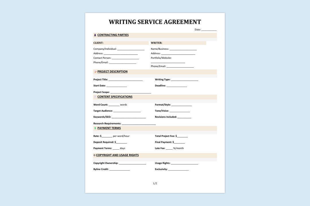 Simple Writing Service Contract Word Template - Content Creation ...
