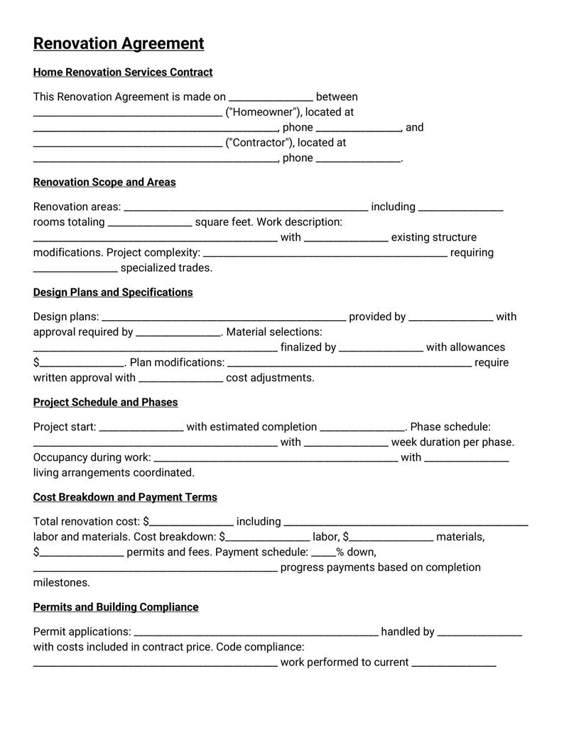 Renovation Agreement Template - Word Pdf Download - Etsy