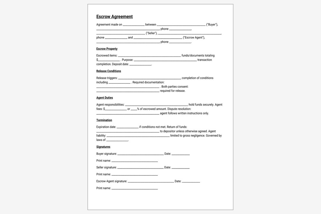 Simple Escrow Agreement Template, Money Holding Contract, Payment ...