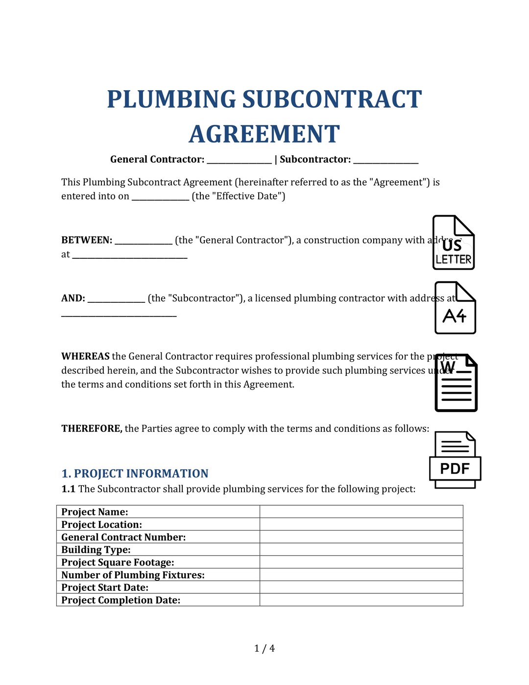 Plumbing Subcontract Template Word PDF - Pipework Agreement Sample ...