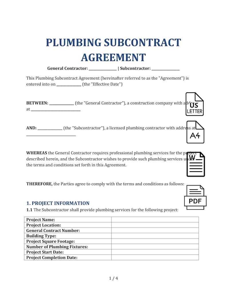 Plumbing Subcontract Template Word PDF - Pipework Agreement Sample ...