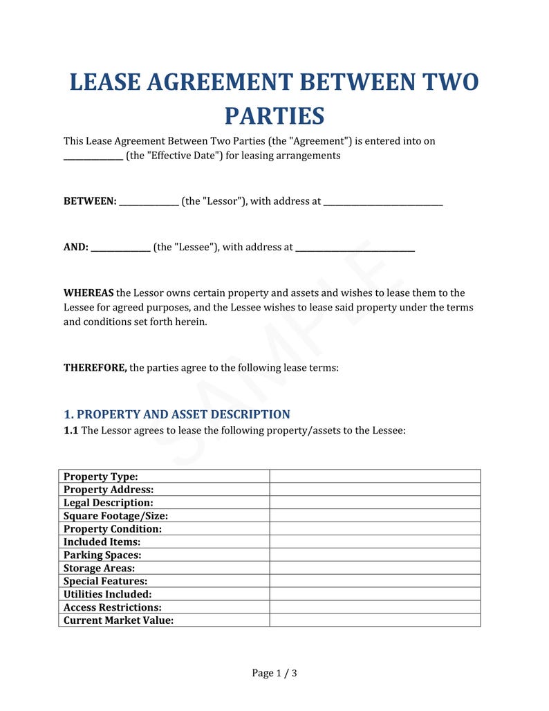 Lease Agreement Between Two Parties Template - PDF and Word Download - Etsy