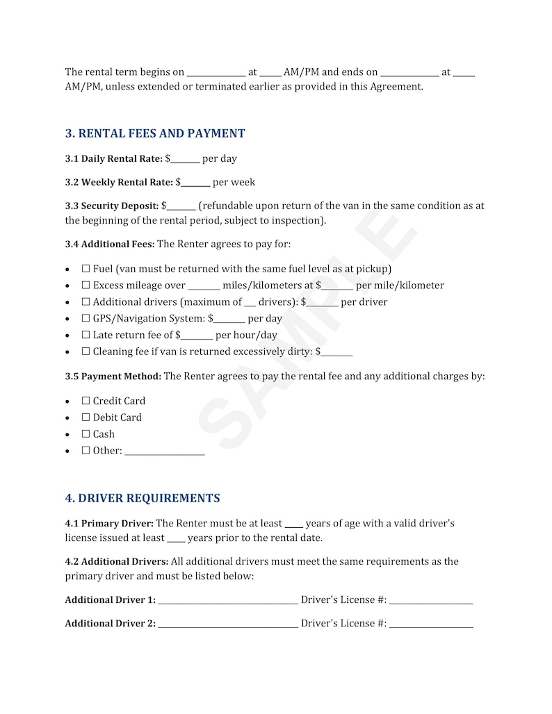 Van Rental Agreement Template - Van Renting Contract - Etsy