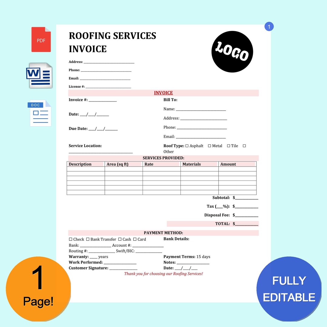 Roofing Services Invoice Template Receipt Custom Logo | Editable in ...