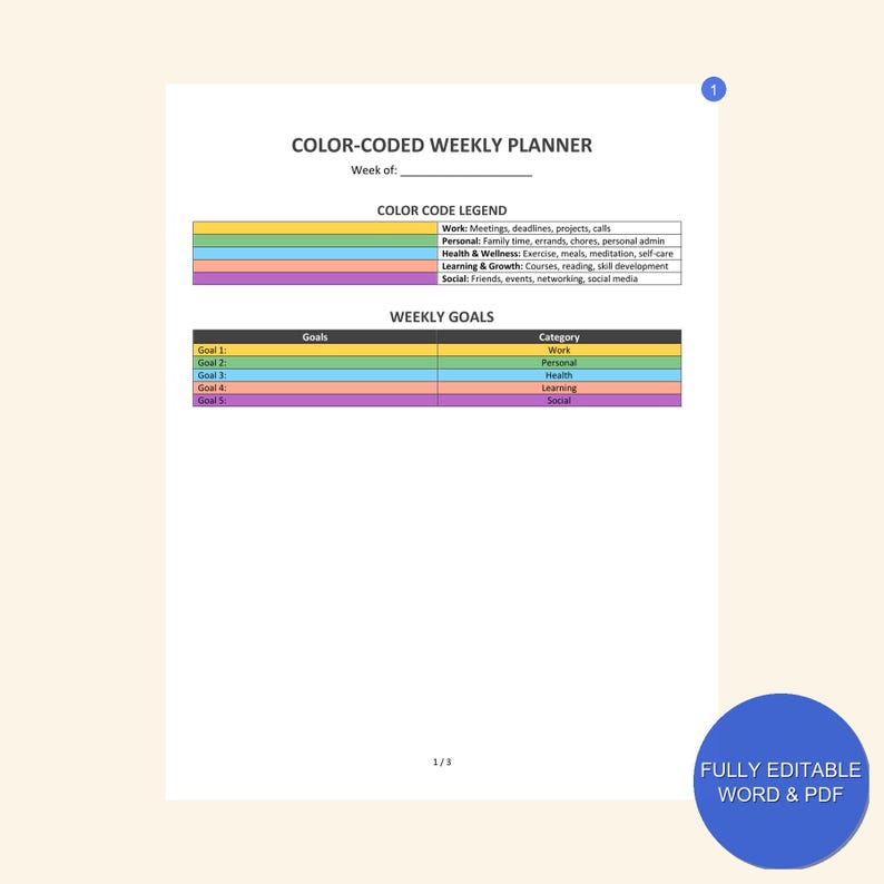 Color Coded Weekly Planner, Visual Schedule Template | Printable ...