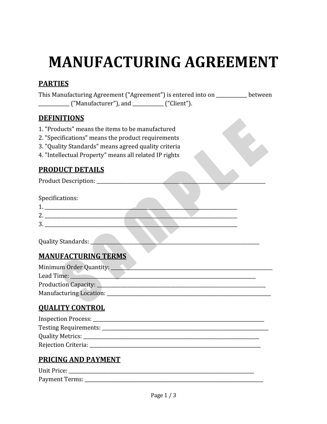 Editable Manufacturing Agreement Template - Easy to Use Word & PDF ...