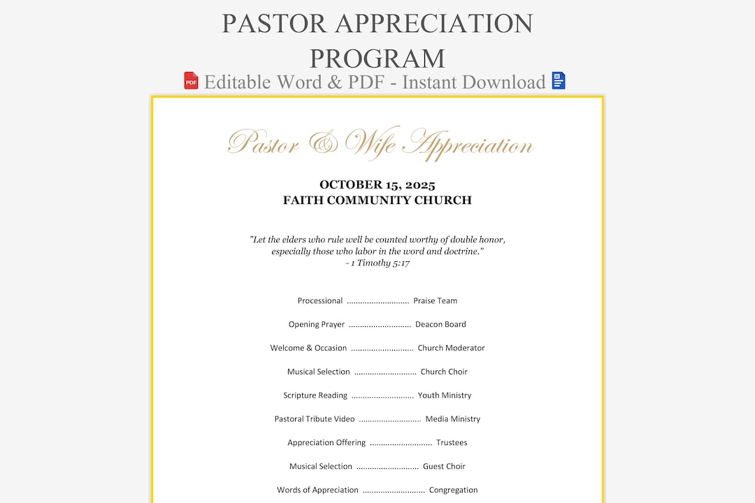 Sample Church Pastor & Wife Appreciation Program - Editable Template - Etsy