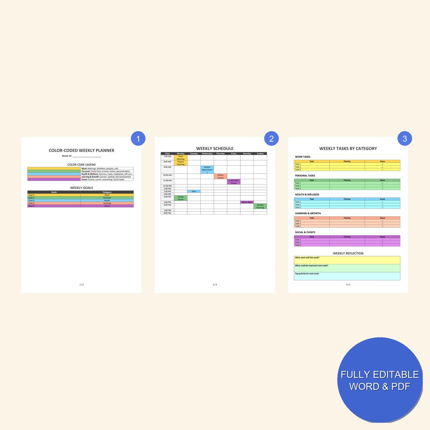 Color Coded Weekly Planner, Visual Schedule Template | Printable ...