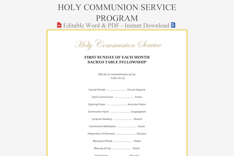 Holy Communion Service Program Template - Eucharist Celebration Sample ...