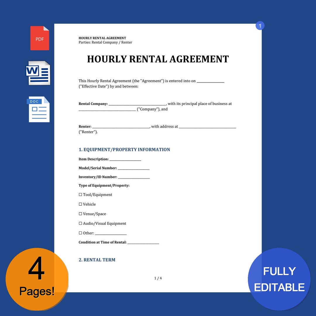 Hourly/hour-based Rental Agreement Template - PDF & Word Download - Etsy