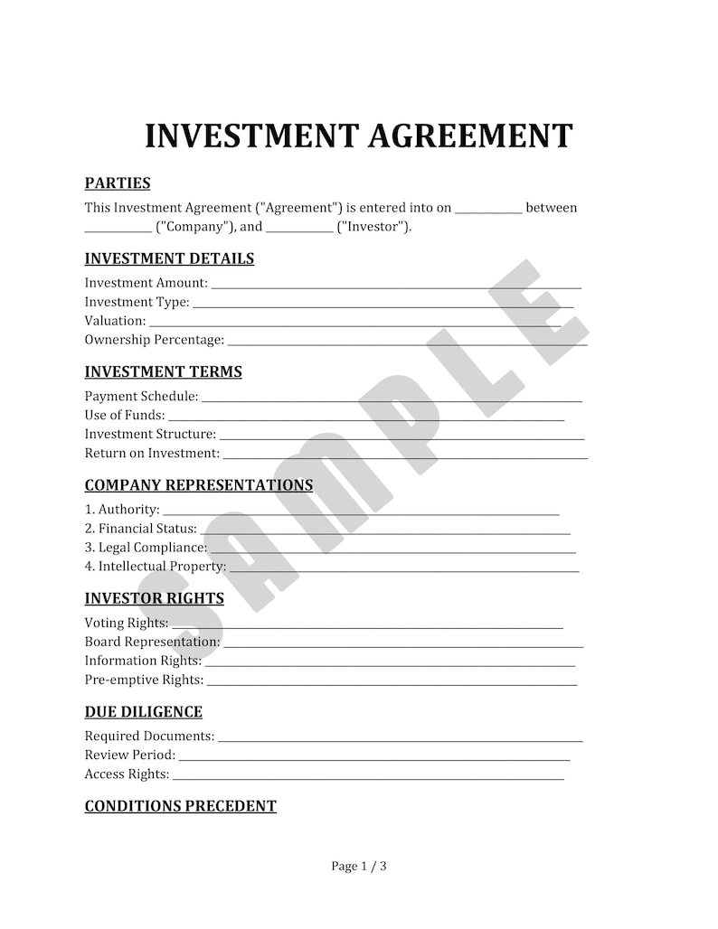 Editable Investment Agreement Template - Easy to Use Word & PDF ...