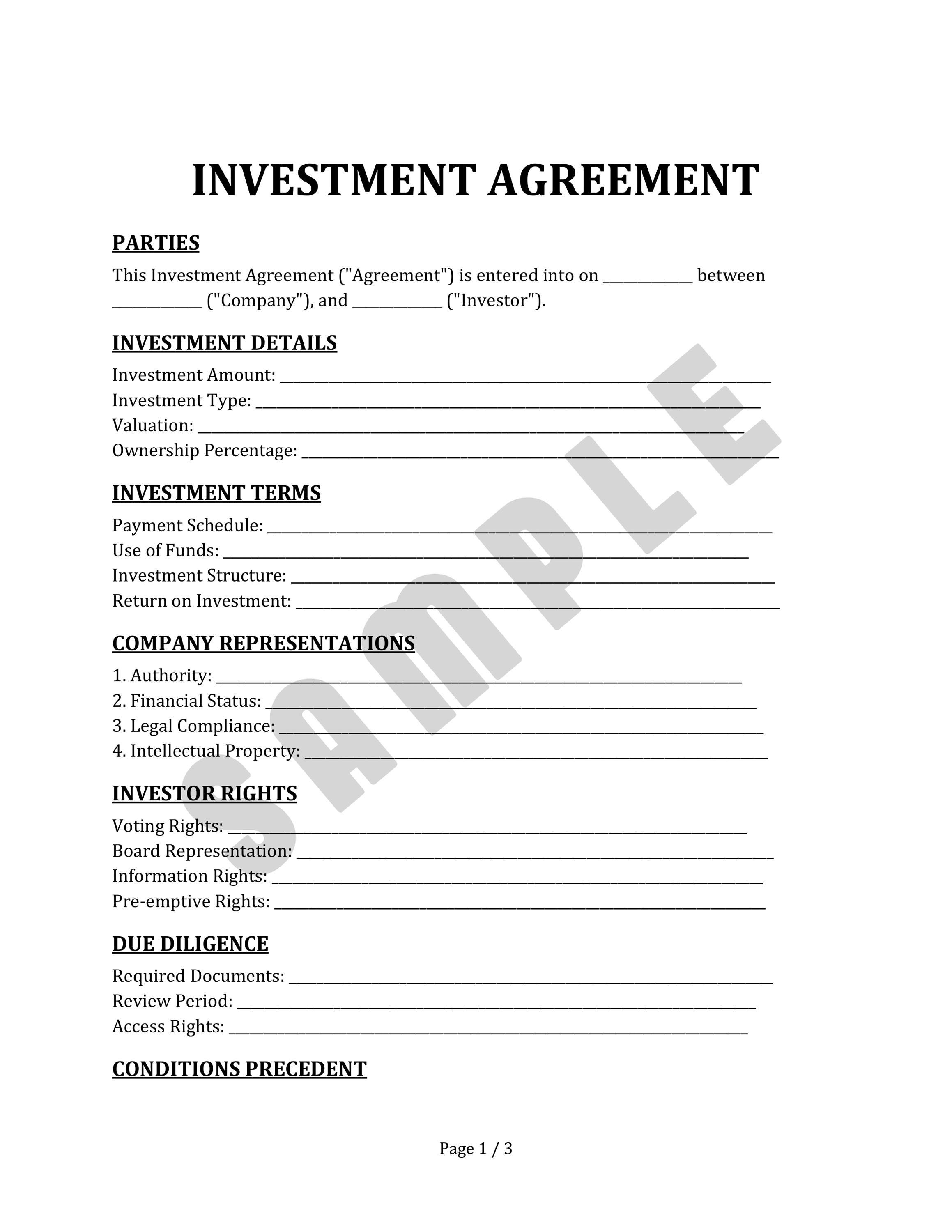 Editable Investment Agreement Template - Easy to Use Word & PDF ...