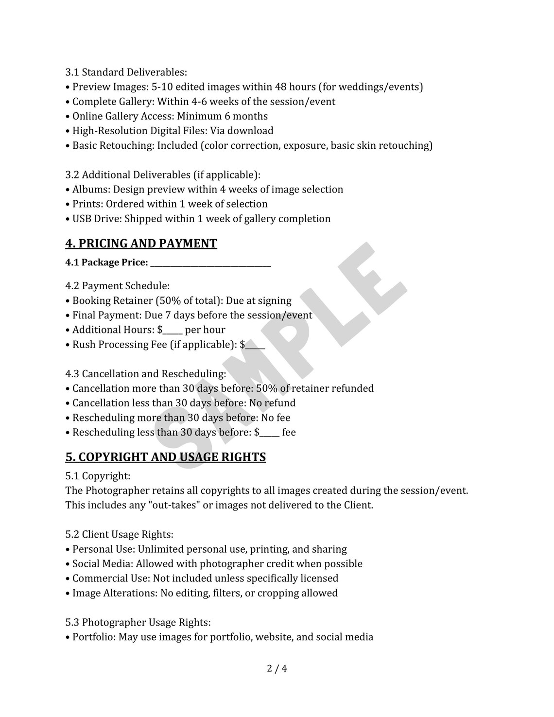 Pre Filled Photography Services Agreement - Photo Shoot Contract ...