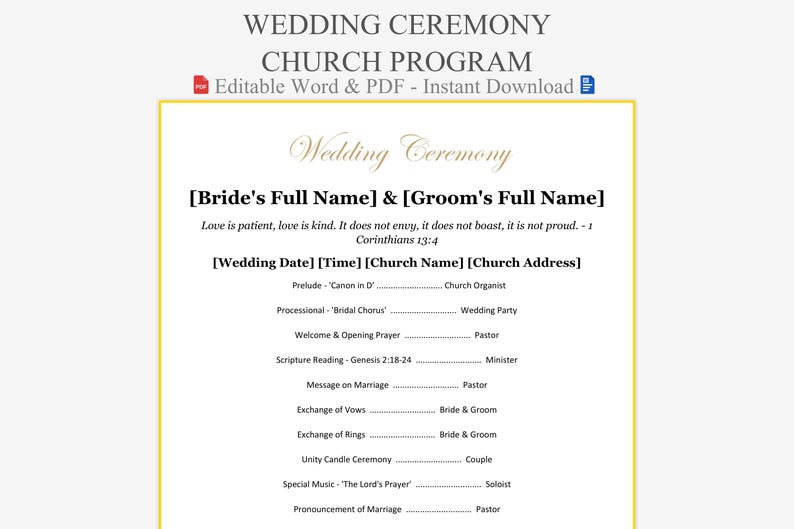 Wedding Ceremony Church Program Template - Etsy